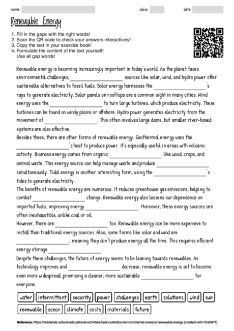 Worksheet with the topic "Renewable Energy" | MATERIALS.SCHOOL