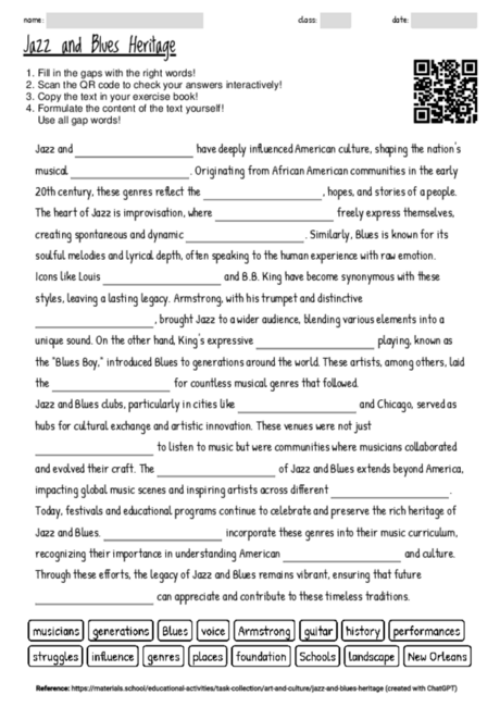 Worksheet with the topic "Jazz and Blues Heritage" | MATERIALS.SCHOOL