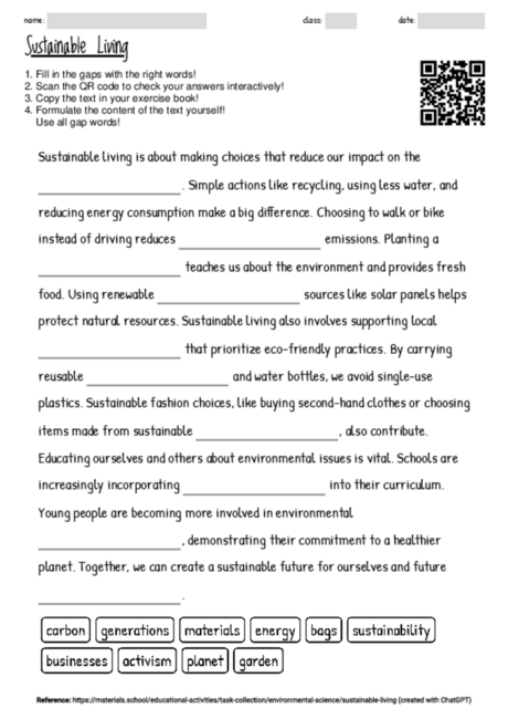 Worksheet with the topic "Sustainable Living" | MATERIALS.SCHOOL
