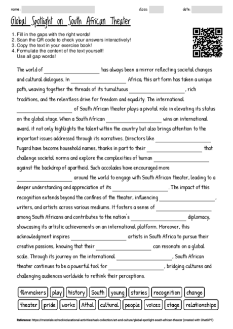 Worksheet with the topic "Global Spotlight on South African Theater ...