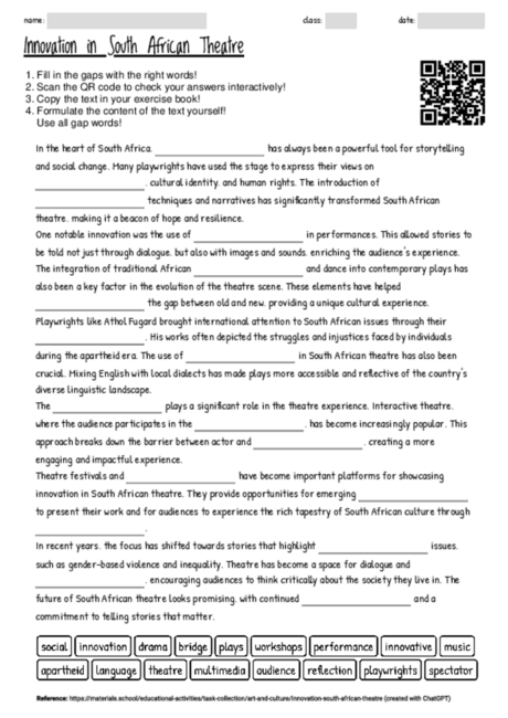 Worksheet with the topic "Innovation in South African Theatre ...
