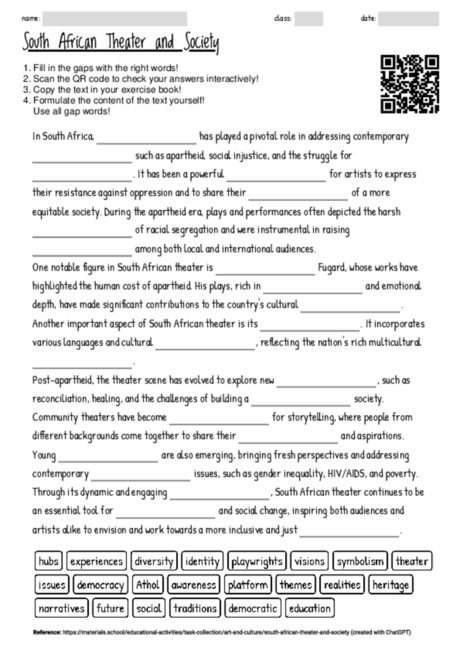 Worksheet with the topic "South African Theater and Society ...