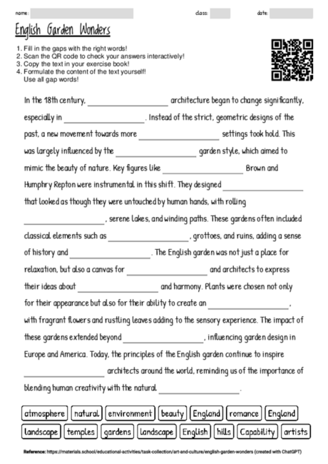 Worksheet with the topic "English Garden Wonders" | MATERIALS.SCHOOL
