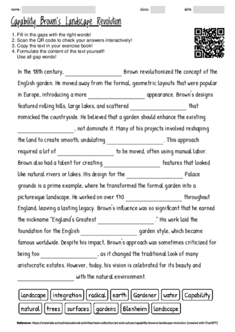 Worksheet with the topic "Capability Brown's Landscape Revolution ...
