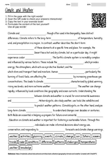 Worksheet with the topic "Climate and Weather" | MATERIALS.SCHOOL
