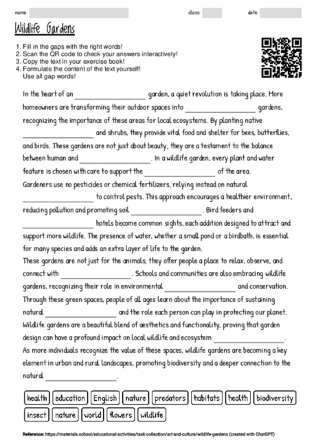 Worksheet with the topic "Wildlife Gardens" | MATERIALS.SCHOOL