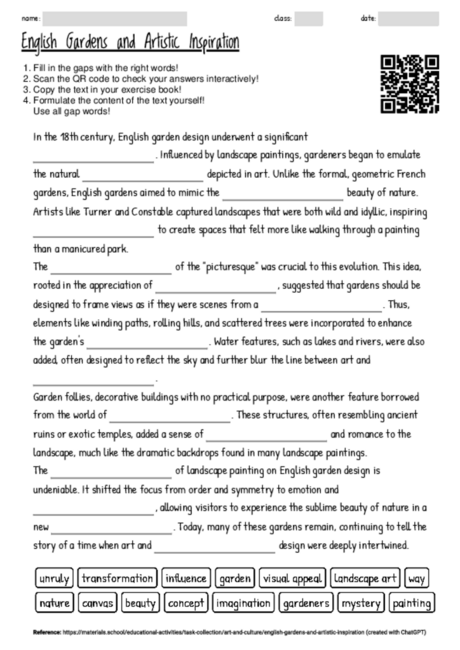 Worksheet with the topic "English Gardens and Artistic Inspiration ...