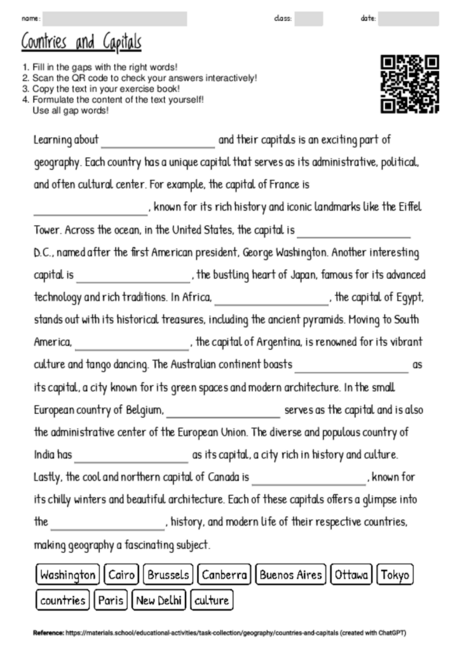 Worksheet with the topic "Countries and Capitals" | MATERIALS.SCHOOL