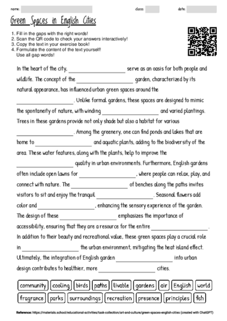 Worksheet with the topic "Green Spaces in English Cities" | MATERIALS ...