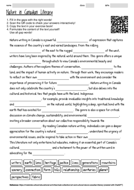 Worksheet with the topic "Nature in Canadian Literary" | MATERIALS.SCHOOL
