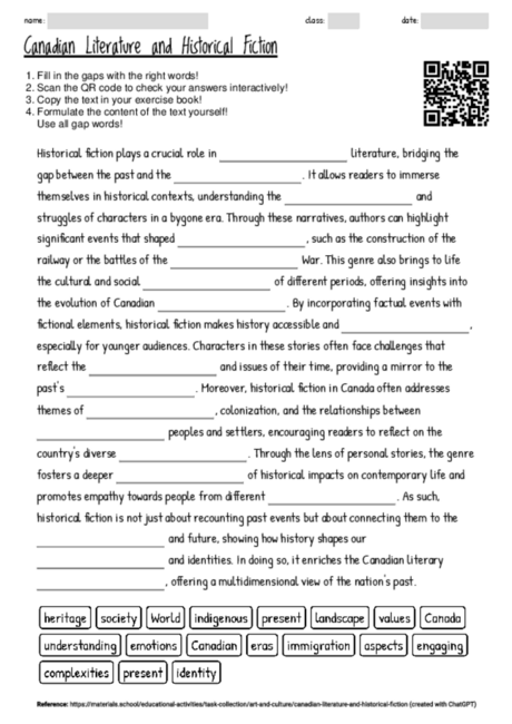 Worksheet with the topic "Canadian Literature and Historical Fiction ...