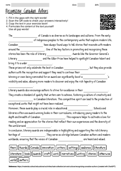 Worksheet with the topic "Recognizing Canadian Authors" | MATERIALS.SCHOOL