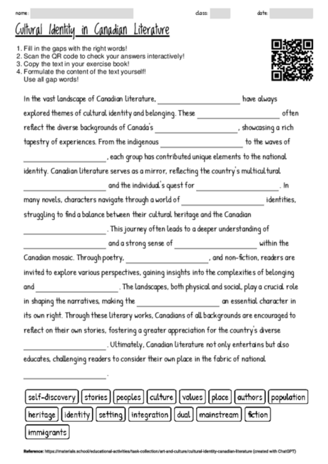 Worksheet with the topic "Cultural Identity in Canadian Literature ...