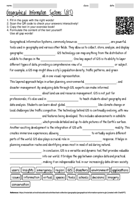 Worksheet with the topic "Geographical Information Systems (GIS ...