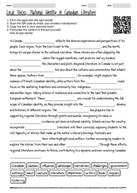 Worksheet with the topic "Local Voices, National Identity in Canadian ...