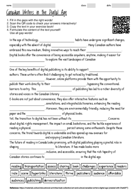 Worksheet with the topic "Canadian Writers in the Digital Age ...