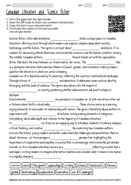 Worksheet with the topic "Canadian Literature and Science Fiction ...