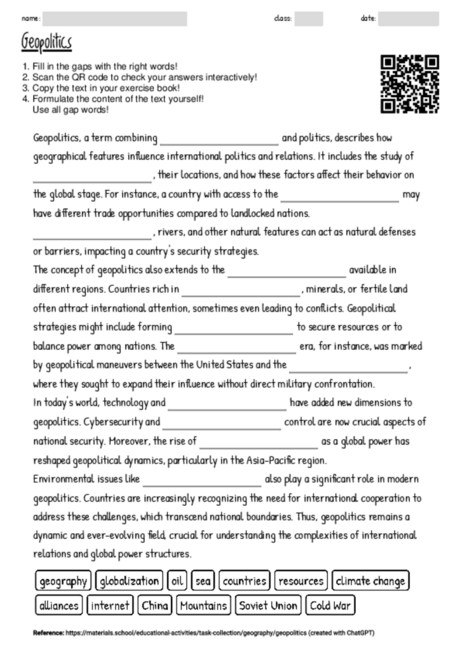 Worksheet with the topic "Geopolitics" | MATERIALS.SCHOOL
