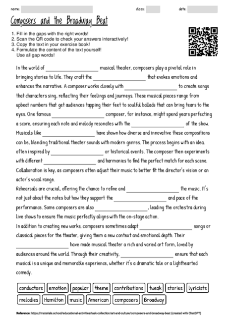 Worksheet with the topic "Composers and the Broadway Beat" | MATERIALS ...