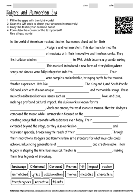 Worksheet with the topic "Rodgers and Hammerstein Era" | MATERIALS.SCHOOL