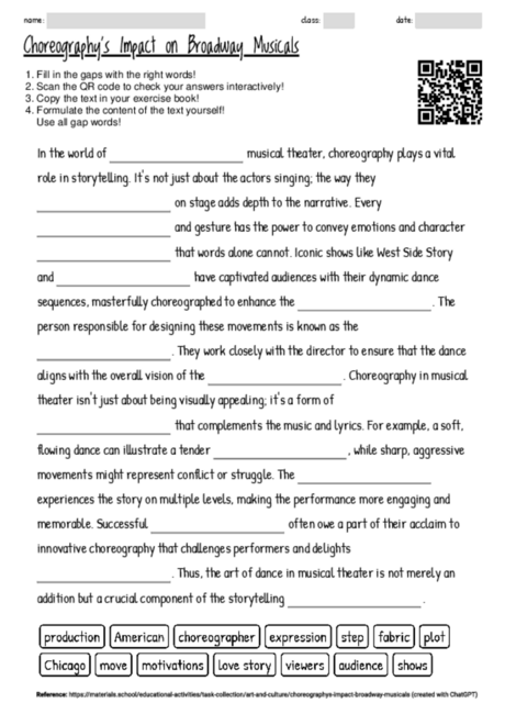 Worksheet with the topic "Choreography's Impact on Broadway Musicals ...