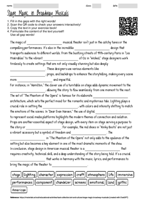Worksheet with the topic "Stage Magic in Broadway Musicals" | MATERIALS ...