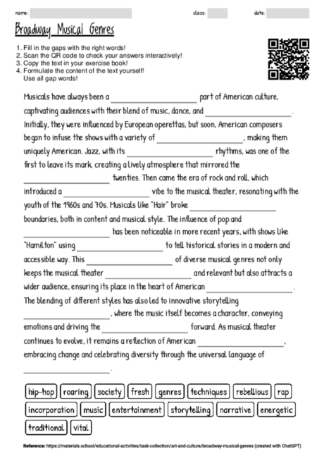 Worksheet with the topic "Broadway Musical Genres" | MATERIALS.SCHOOL