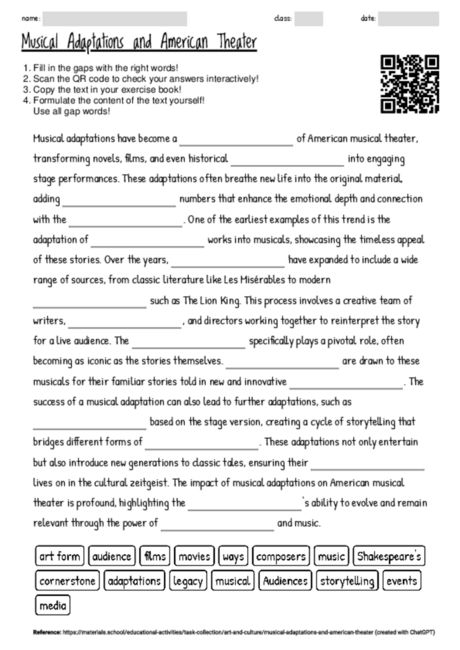 Worksheet with the topic "Musical Adaptations and American Theater ...