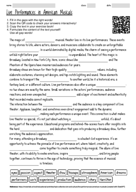 Worksheet with the topic "Live Performances in American Musicals ...