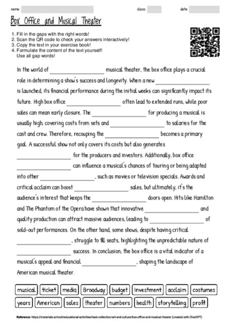 Worksheet with the topic "Box Office and Musical Theater" | MATERIALS ...