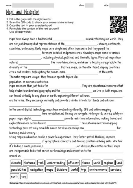 Worksheet with the topic "Maps and Navigation" | MATERIALS.SCHOOL