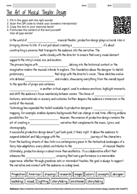 Worksheet with the topic "The Art of Musical Theater Design ...