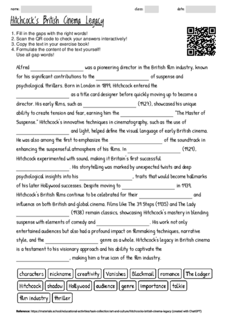 Worksheet with the topic "Hitchcock's British Cinema Legacy ...