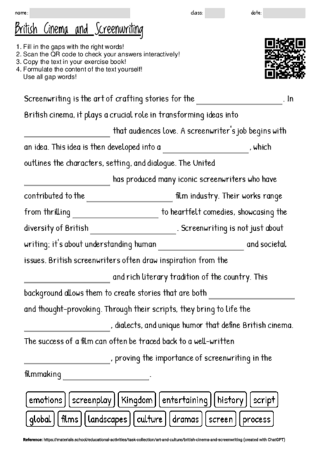 Worksheet with the topic "British Cinema and Screenwriting" | MATERIALS ...