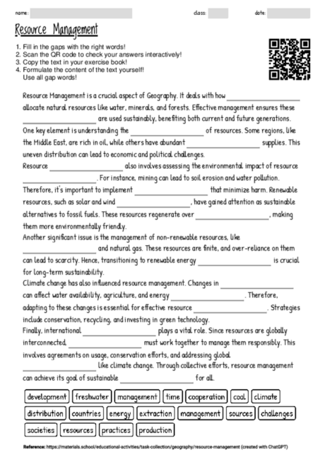 Worksheet with the topic "Resource Management" | MATERIALS.SCHOOL