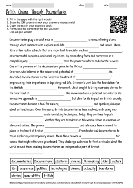 Worksheet with the topic "British Cinema Through Documentaries ...