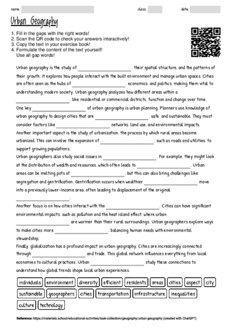 Worksheet with the topic "Urban Geography" | MATERIALS.SCHOOL