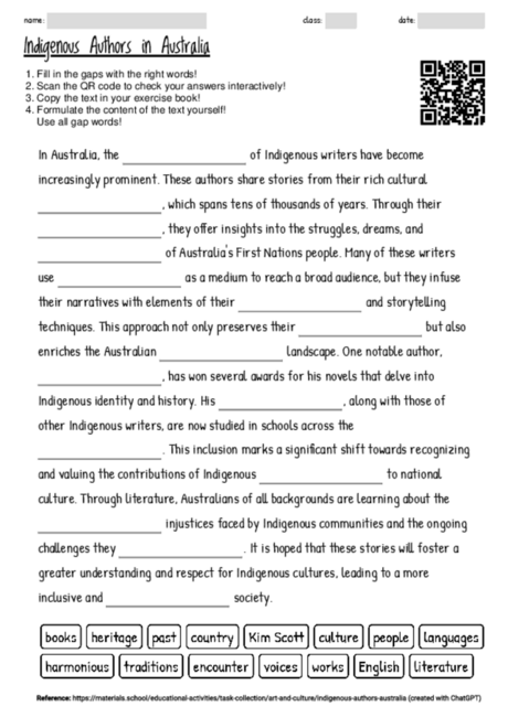 Worksheet with the topic "Indigenous Authors in Australia" | MATERIALS ...