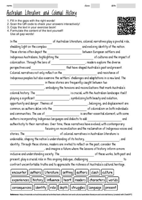 Worksheet with the topic "Australian Literature and Colonial History ...