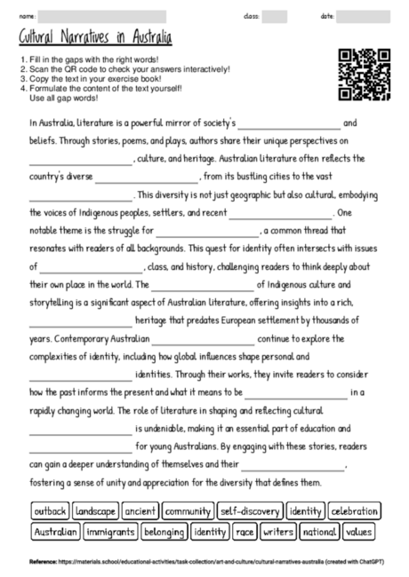 Worksheet with the topic "Cultural Narratives in Australia" | MATERIALS ...