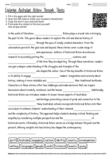 Worksheet with the topic "Exploring Australian History Through Stories ...