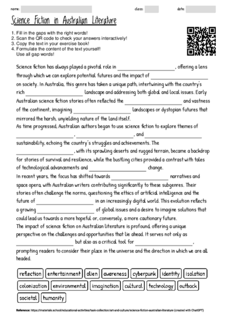 Worksheet with the topic "Science Fiction in Australian Literature ...