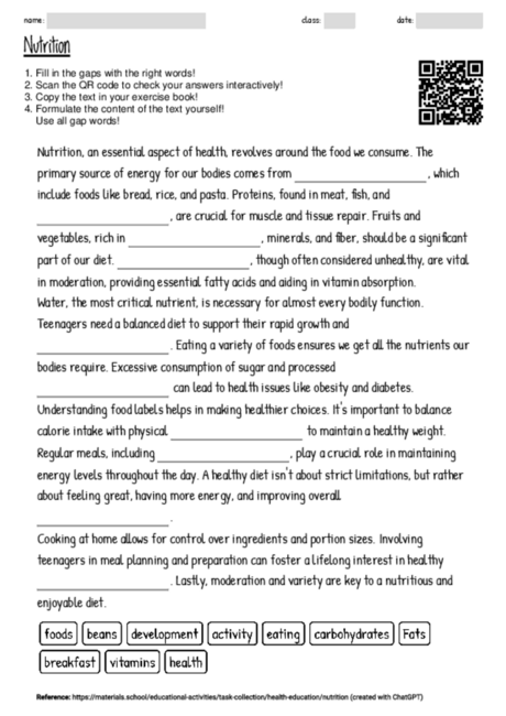 Worksheet with the topic "Nutrition" | MATERIALS.SCHOOL