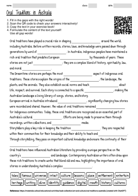 Worksheet with the topic "Oral Traditions in Australia" | MATERIALS.SCHOOL