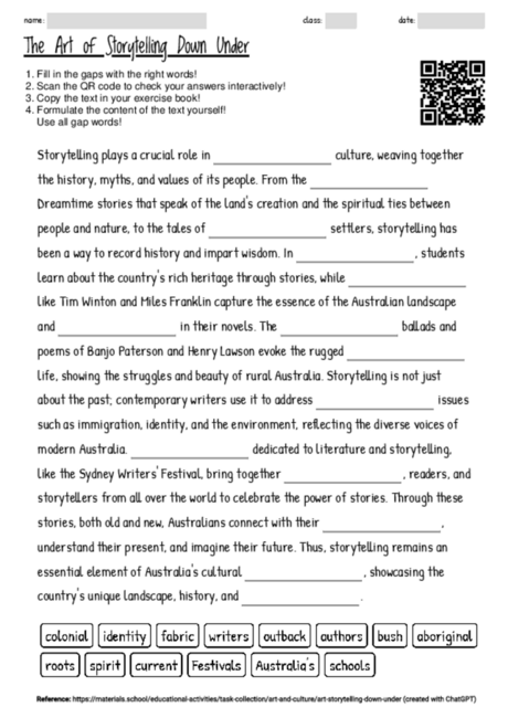 Worksheet with the topic "The Art of Storytelling Down Under ...
