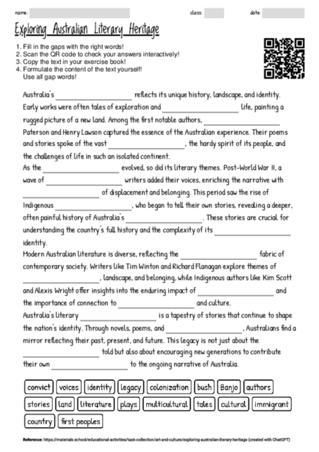Worksheet with the topic "Exploring Australian Literary Heritage ...