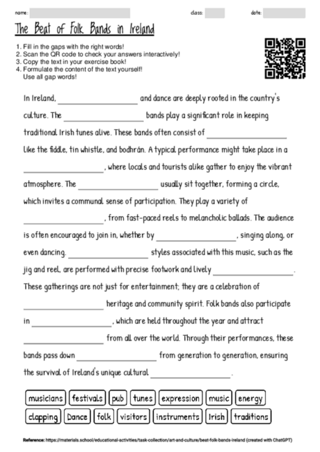 Worksheet with the topic "The Beat of Folk Bands in Ireland ...