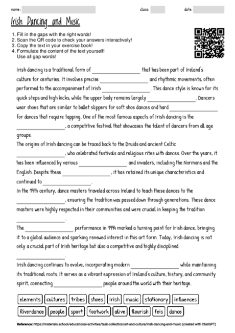 Worksheet with the topic "Irish Dancing and Music" | MATERIALS.SCHOOL