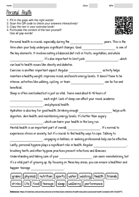 Worksheet with the topic "Personal Health" | MATERIALS.SCHOOL