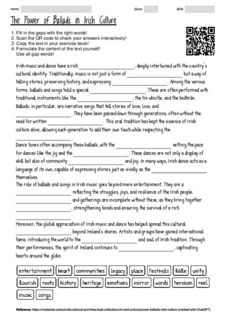 Worksheet with the topic "The Power of Ballads in Irish Culture ...